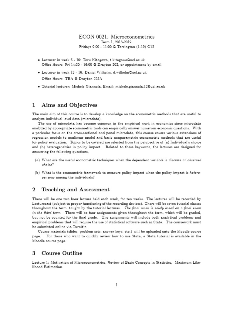 Econ0021 Microeconometrics 2018 19 | PDF | Econometrics | Applied Statistics