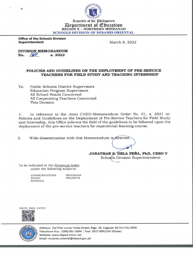 DM 160 S 2022 Policies and Guidelines On The Deployment of Pre-Service ...