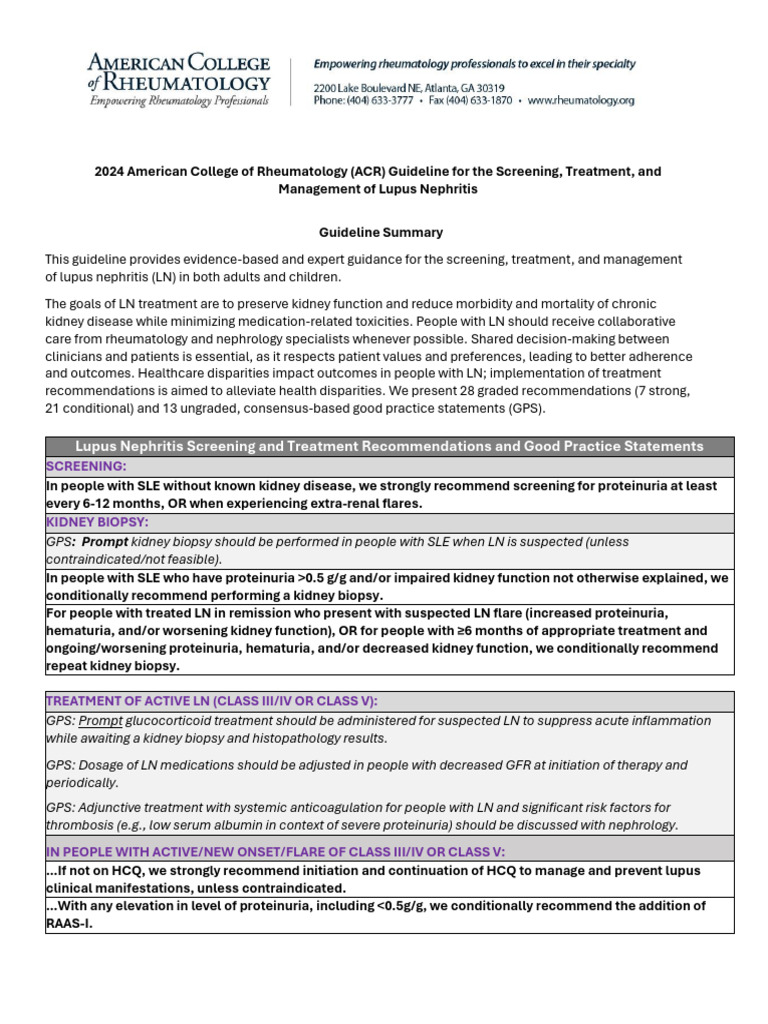 Lupus Nephritis Guideline Summary 2024 | PDF | Chronic Kidney Disease ...