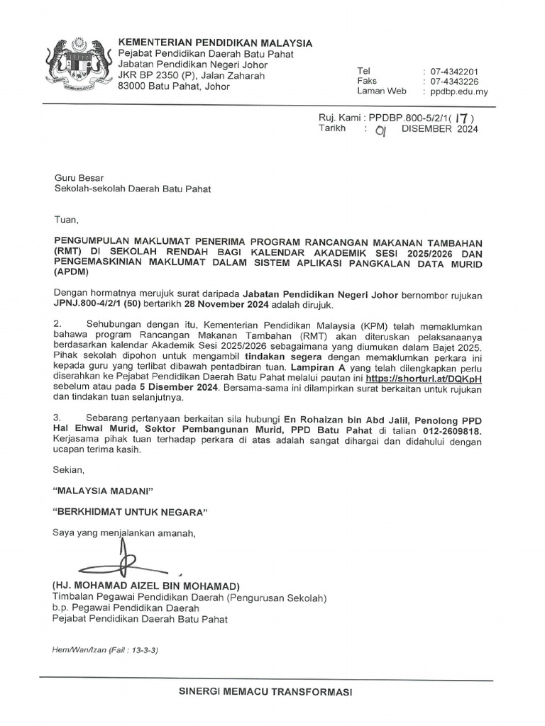 Pengumpulan Maklumat RMT Sesi Akademik 2025 Dan Pengemaskinian Data | PDF