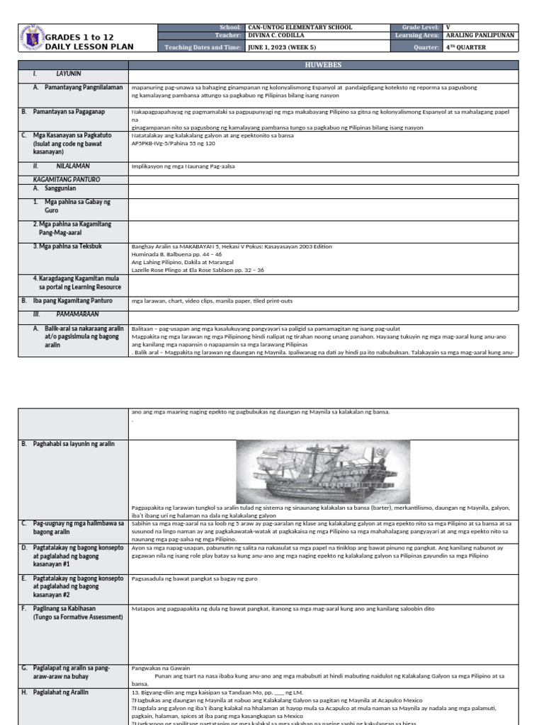 DLL - Araling Panlipunan 5 - Q4 - W5-D4 | PDF