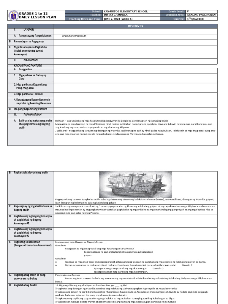 DLL - Araling Panlipunan 5 - Q4 - W5-D5 | PDF