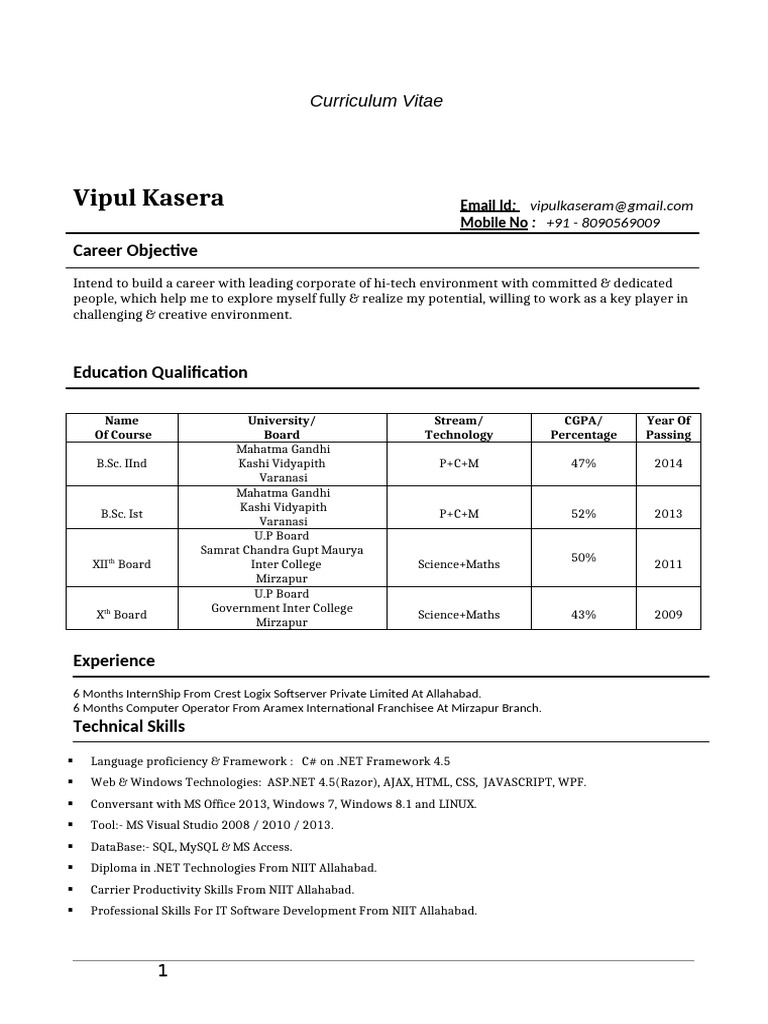 Vipul_Kasera_Resume | PDF | Computing | Software