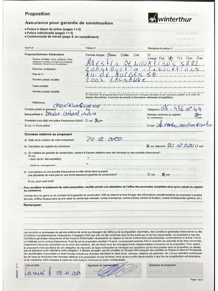 Formulaire Axa - Proposition D'assurance | PDF