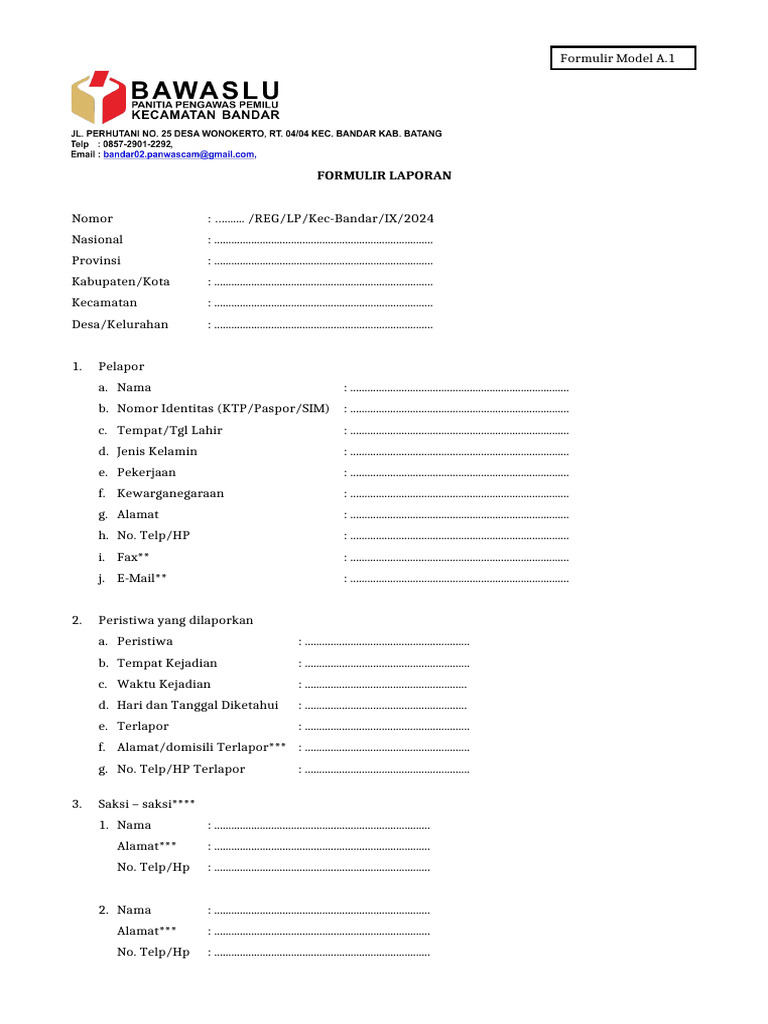 @@FORMULIR LAPORAN [Model A.1] | PDF