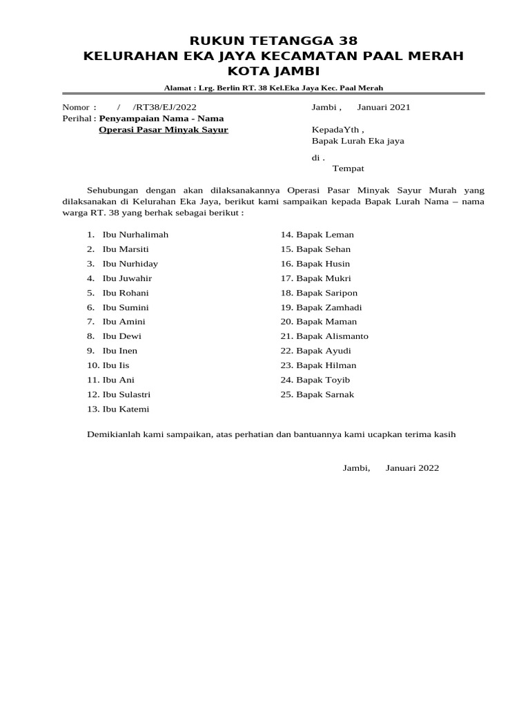 Contoh Surat RT untuk Operasi Pasar | PDF