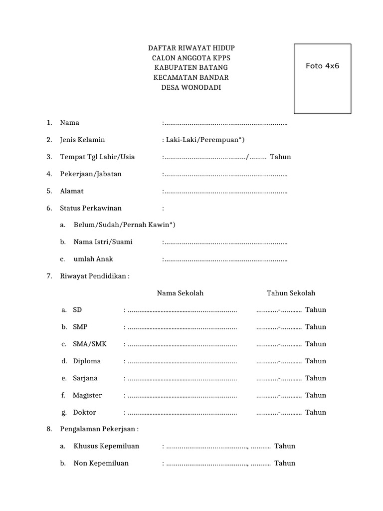 00 DAFTAR RIWAYAT HIDUP_KPPS 2024 | PDF