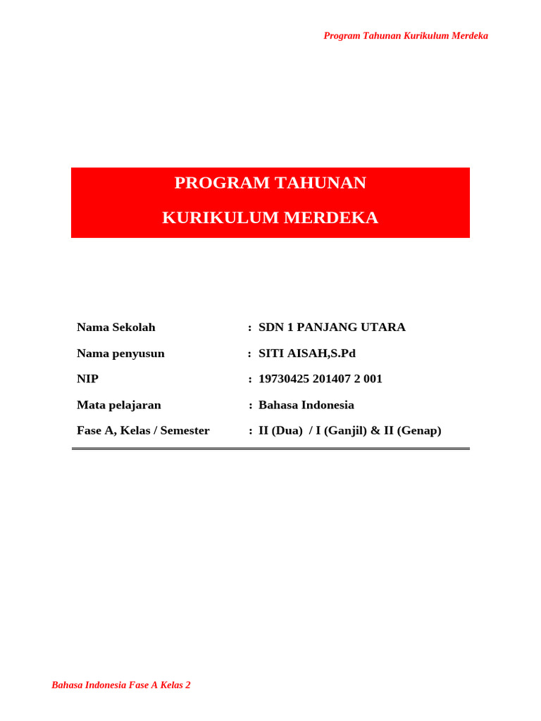 Program Tahunan Bahasa Indonesia Kelas 2 | PDF