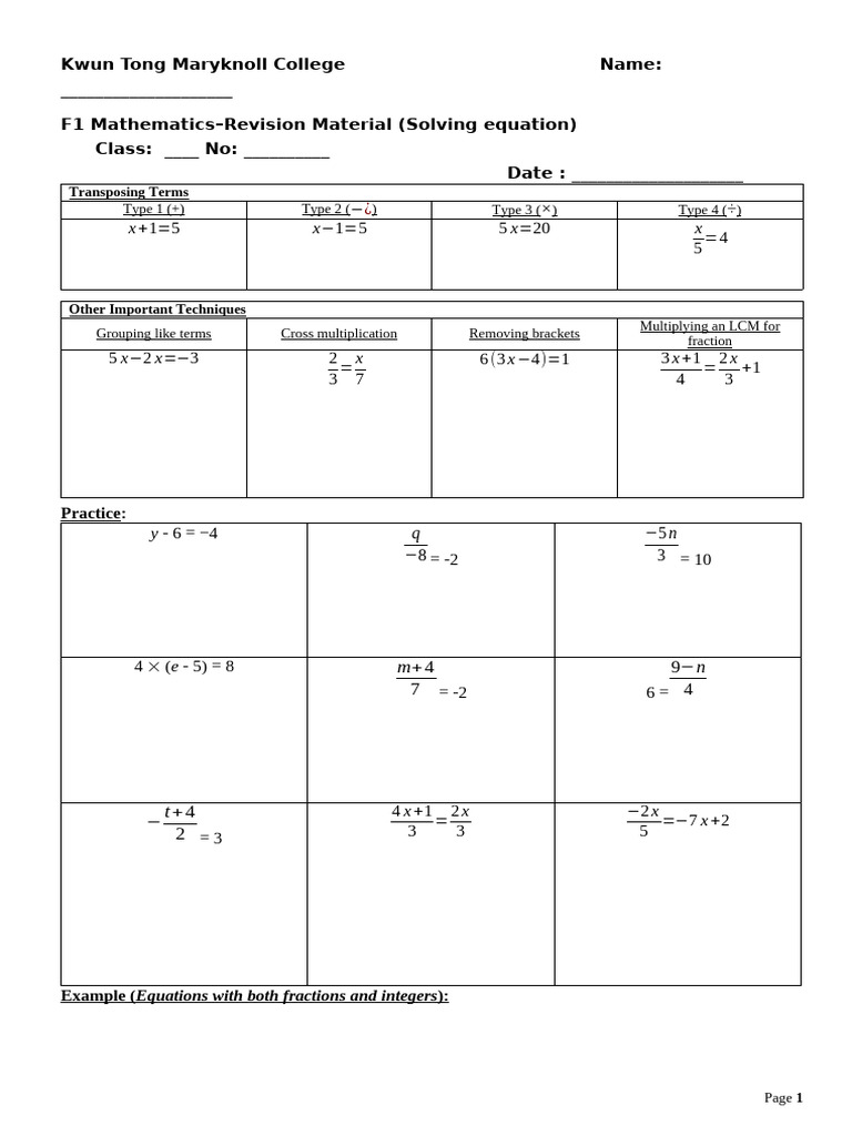 F.1 Lesson 1 - Solving Equations | PDF | Elementary Mathematics | Mathematics