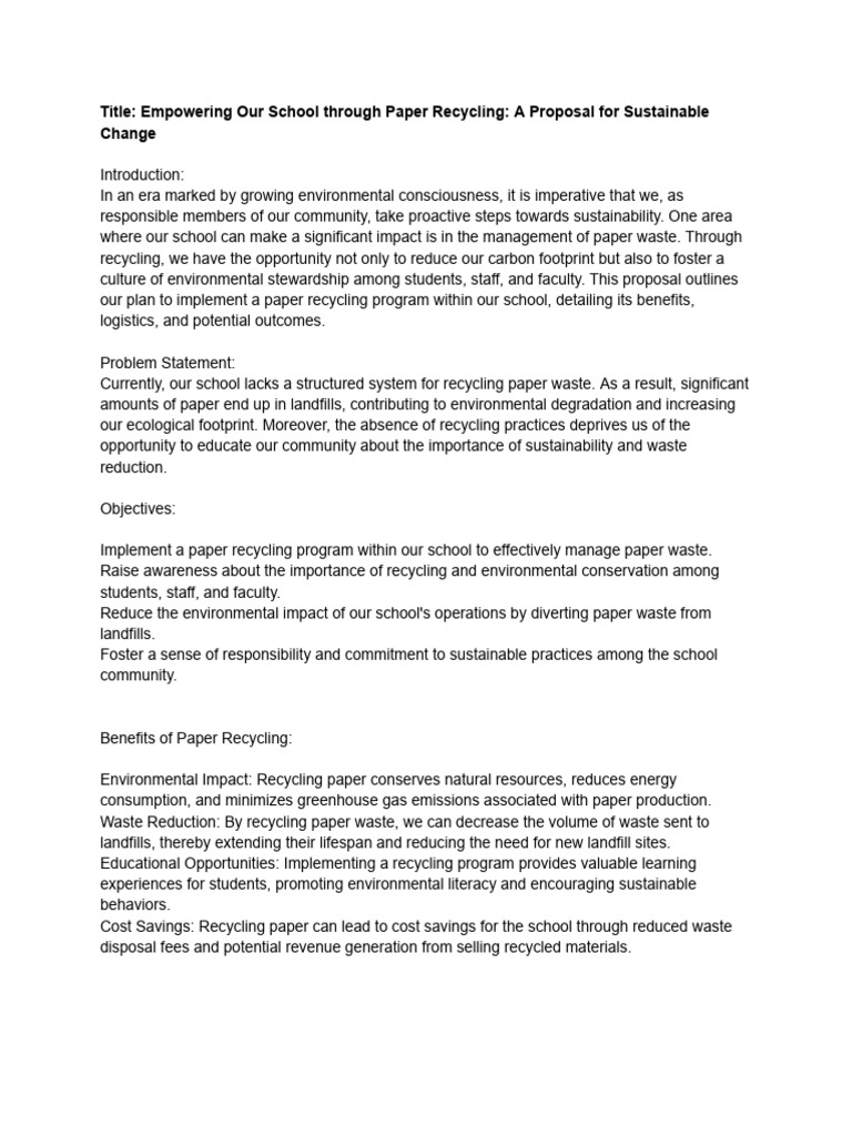 Title - Empowering Our School Through Paper Recycling - A Proposal For ...