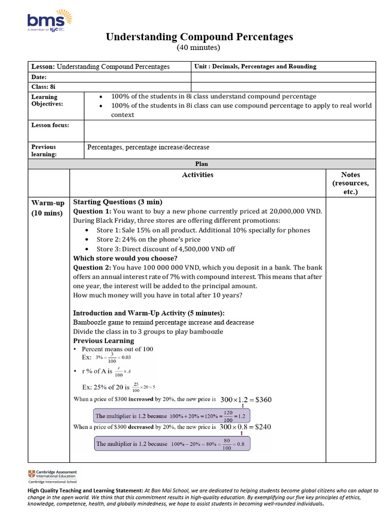 8i - LessonPlan - Understanding Compound Percentages | PDF | Learning ...