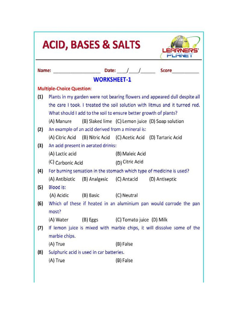 Acid Base Salts IG Worksheet | PDF