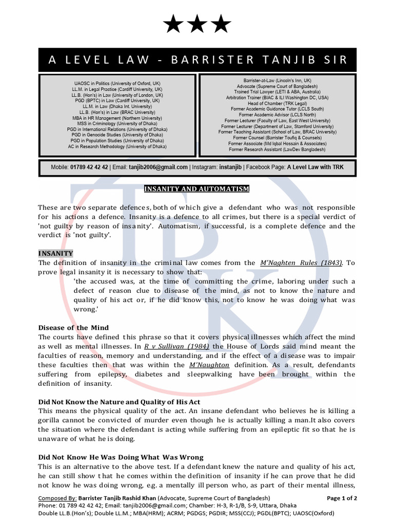 Insanity and Automatism (TRK-A2) | PDF | Insanity Defense | Public Law