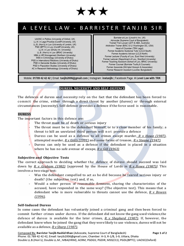 Duress, Necessity, and Self-Defence Explained | PDF | Criminal Justice ...