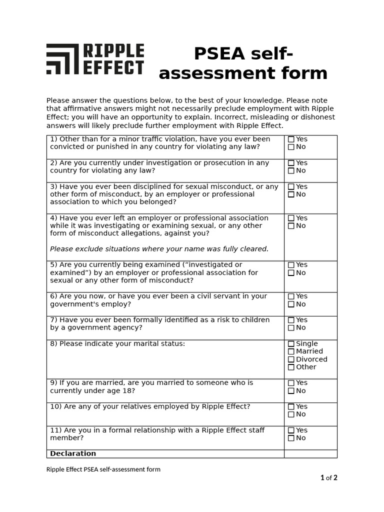 Ripple Effect PSEA Self-Assessment Form | PDF | Employment | Disability