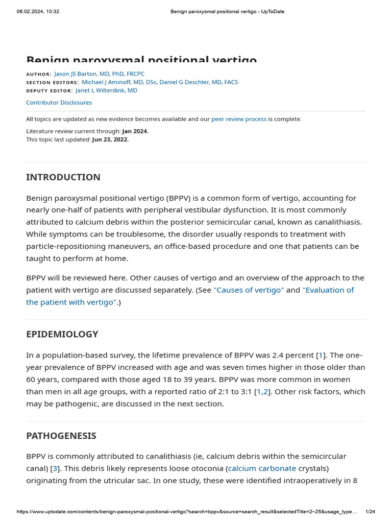 Benign Paroxysmal Positional Vertigo - UpToDate | PDF | Vertigo ...