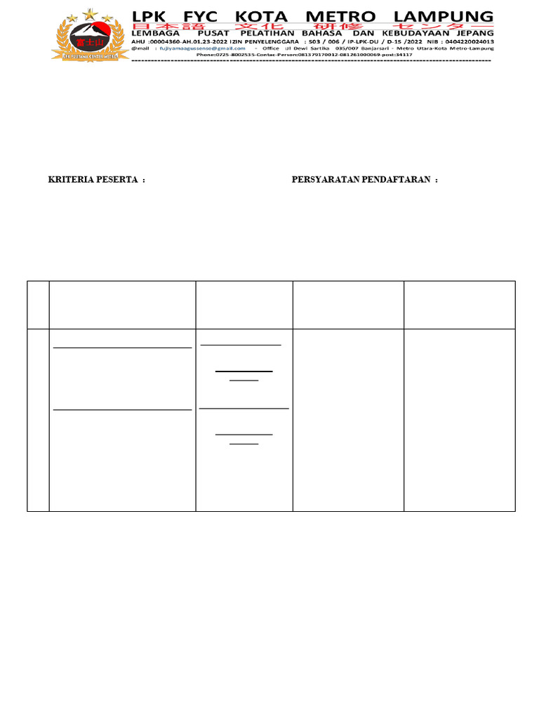 FORMULIR PENDAFTARAN LPK FYC 2024 | PDF