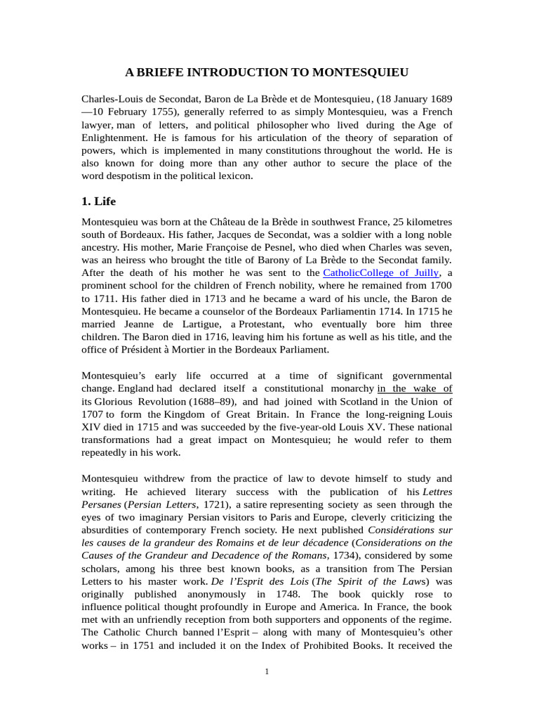 A Brief Introduction to Montesquieu (背景知识阅读材料） | PDF | Montesquieu