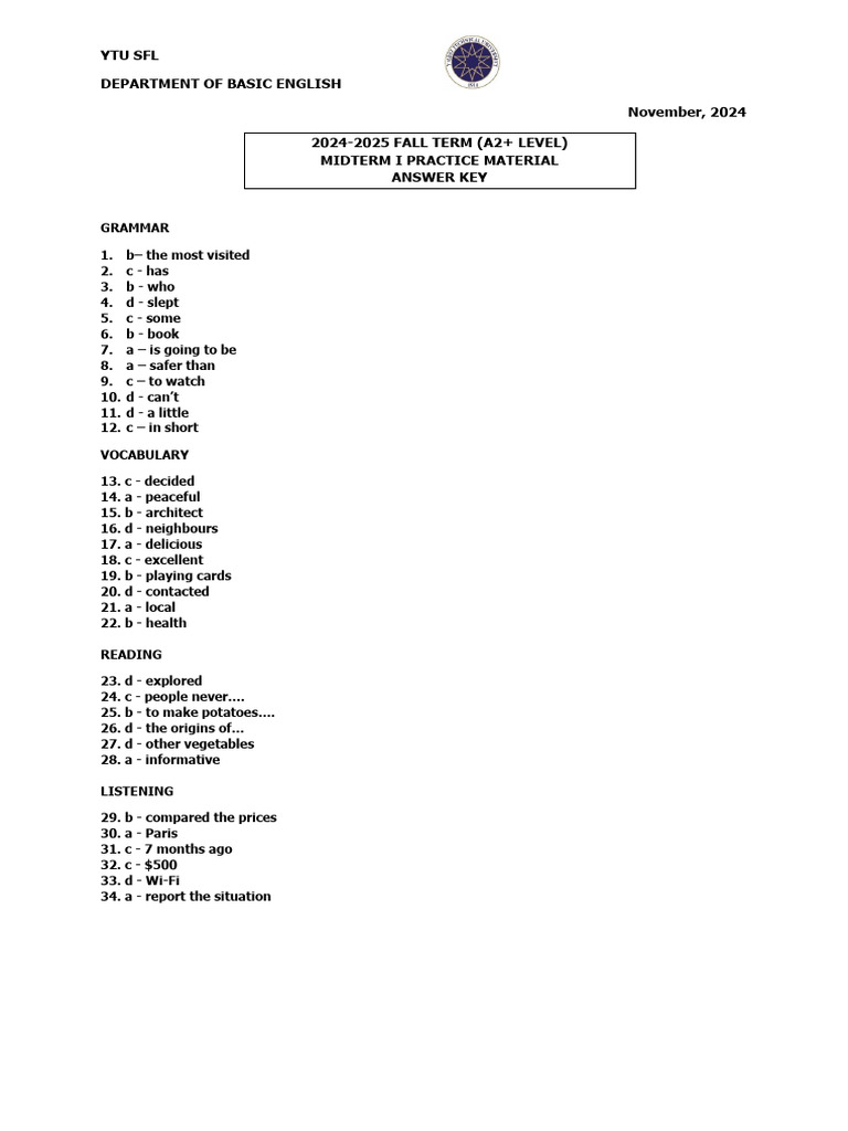 A2+ 2024-2025 Fall Midterm Practice Material - Answer Key | PDF