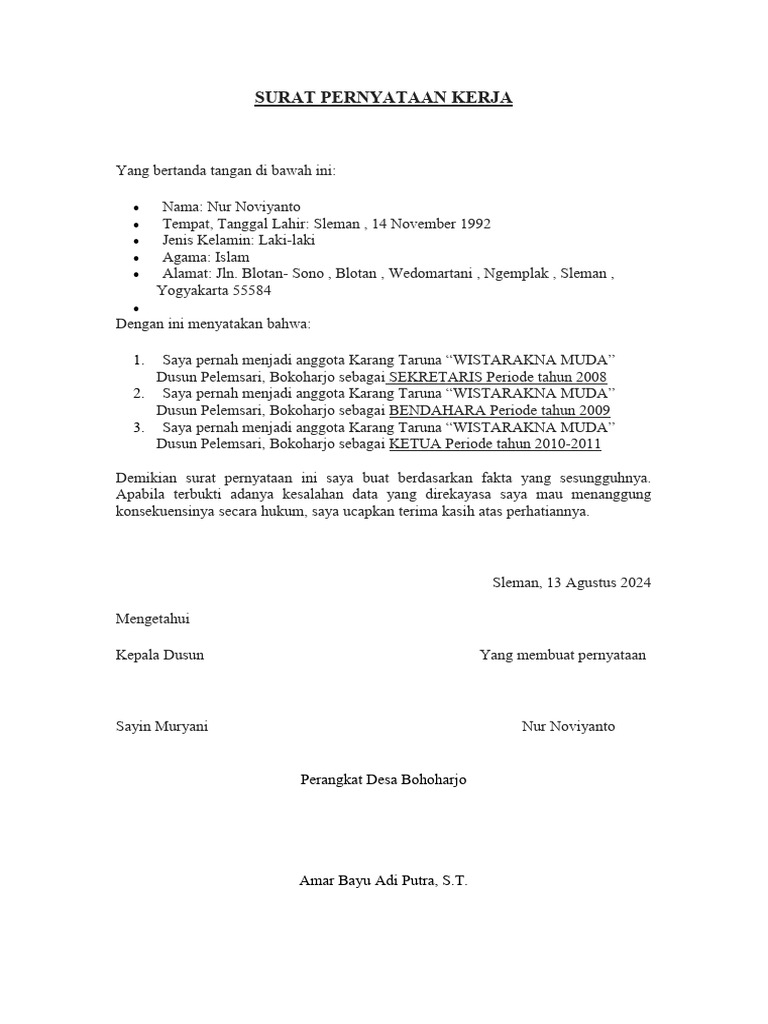 Surat Pernyataan Kerja Nur Noviyanto | PDF