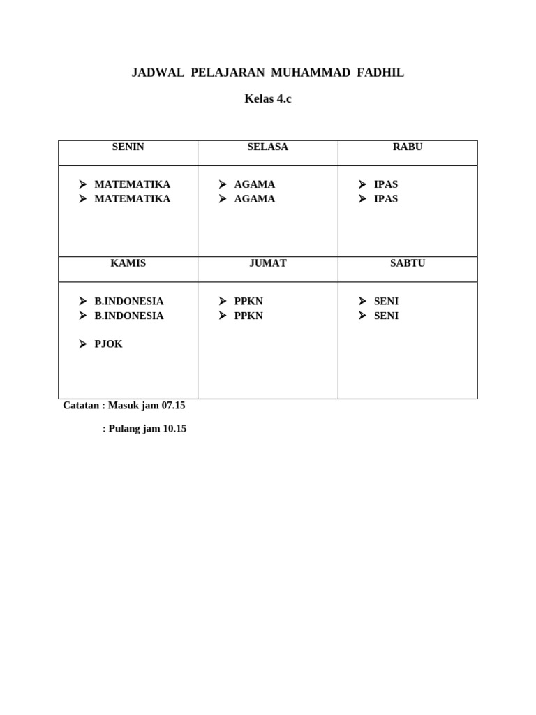 Jadwal Pelajaran Kelas 4C Fadhil | PDF