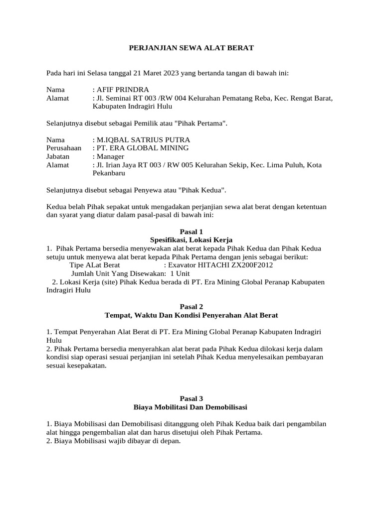 Perjanjian Sewa Alat Berat 2023 | PDF
