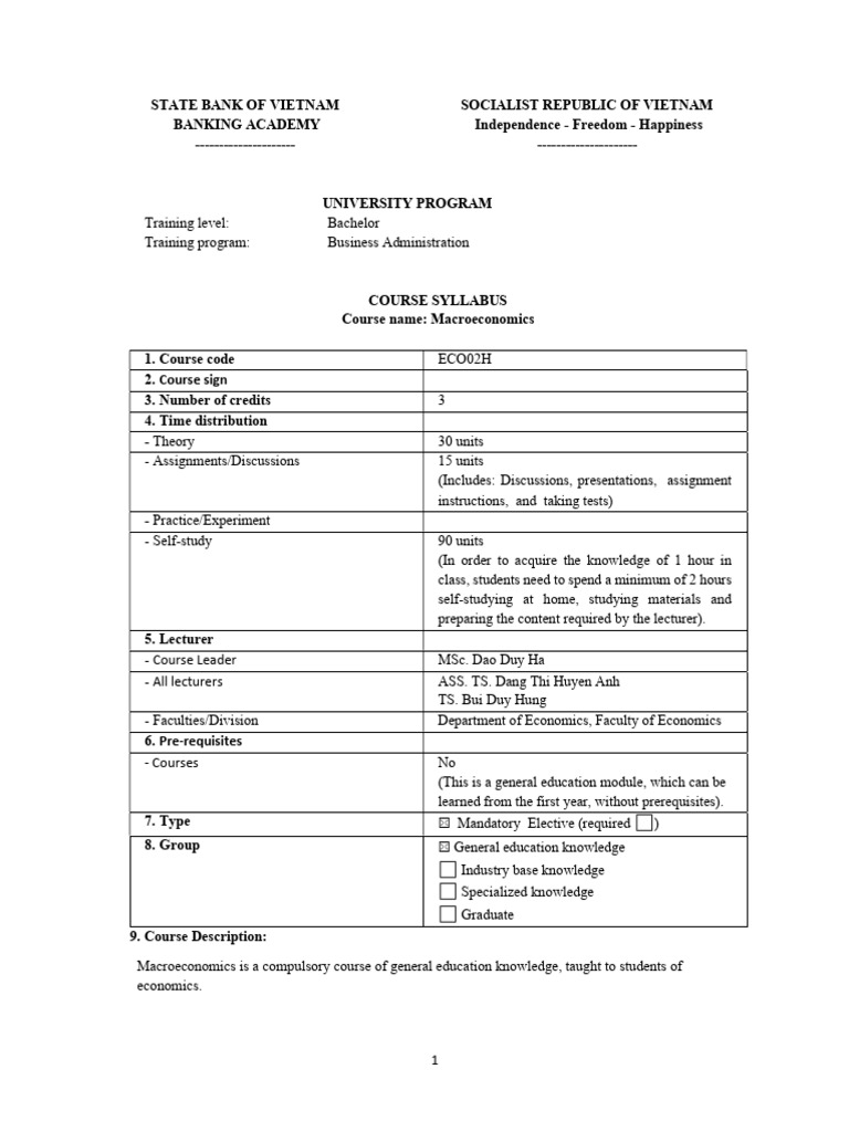 ECO02H Macroeconomics Syllabus (2023) | PDF | Cost Of Living ...