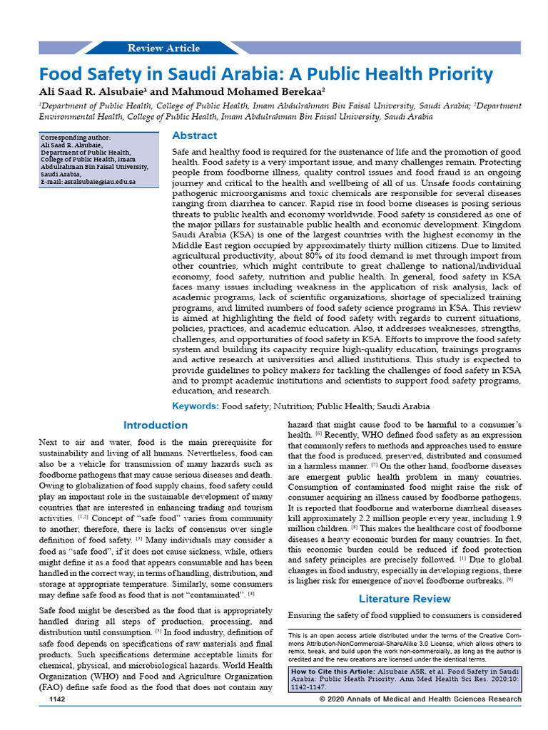 Food Safety in Saudi Arabia A Public Health Priority | PDF | Food Safety | Foodborne Illness