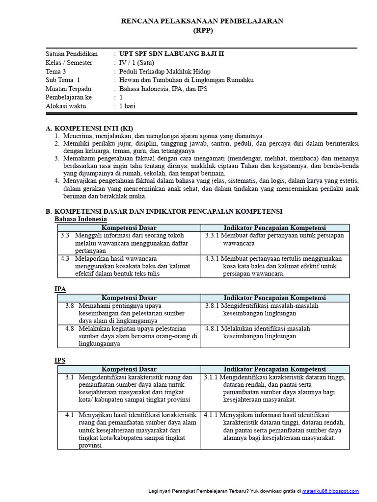 RPP Kelas 4 Tema 3 Subtema 1 | PDF