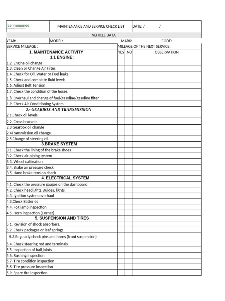 Vehicle Maintenance Service Checklist | PDF
