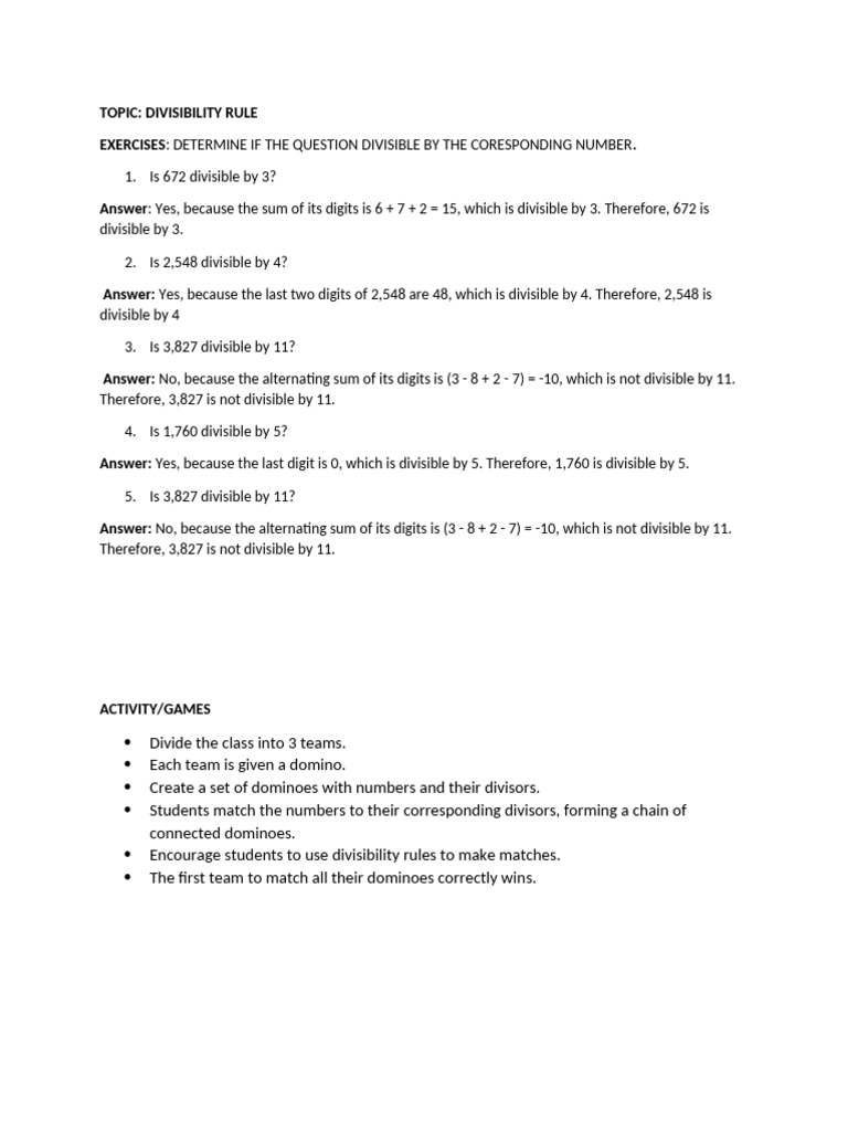 DIVISIBILITY RULE | PDF