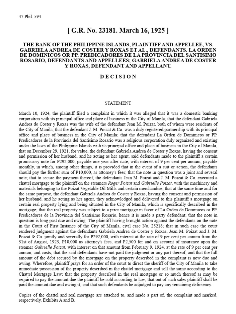 93 Bank of PI v. De Coster, 47 Phil. 594, G.R. No. 23181. March 16, 1925 | PDF | Default ...