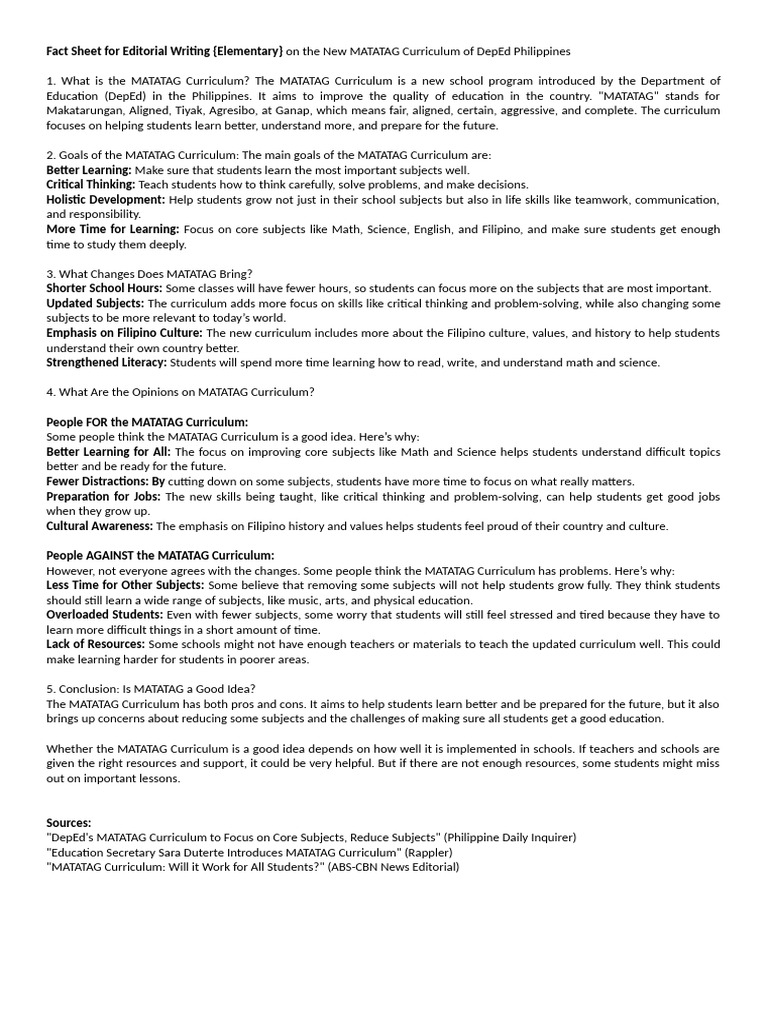 Editorial Fact Sheet: MATATAG Curriculum | PDF | Curriculum | Critical ...