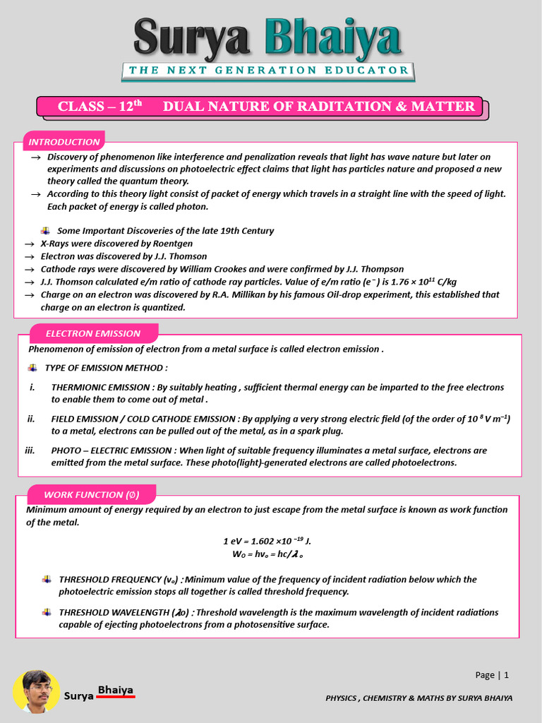 Dual Nature of Radiation & Matter by SB | PDF | Photoelectric Effect ...