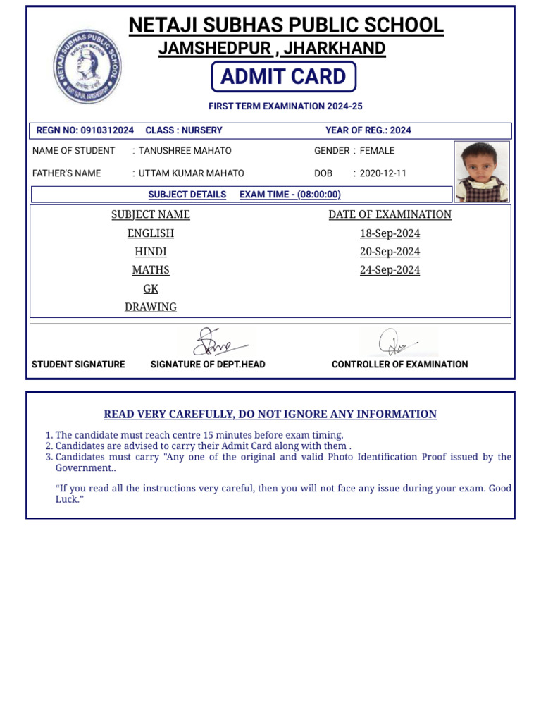Netaji Subhas Public School - Admit Card | PDF