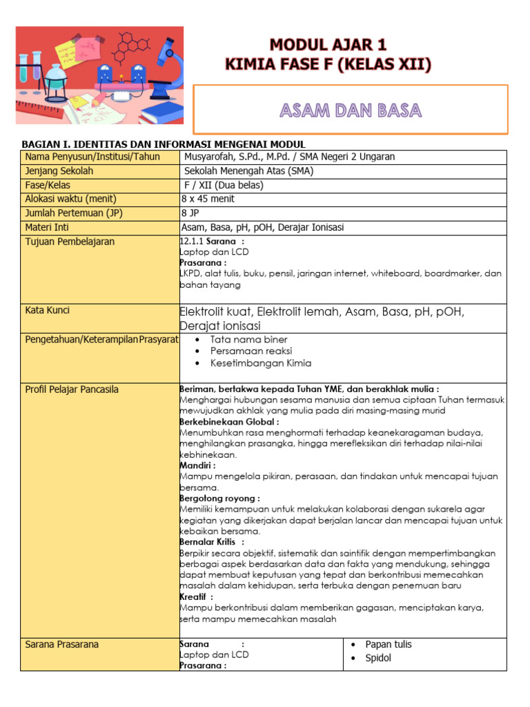 Modul Ajar 1 - Asam Basa - Kimia Kelas Xii - 2024 | PDF