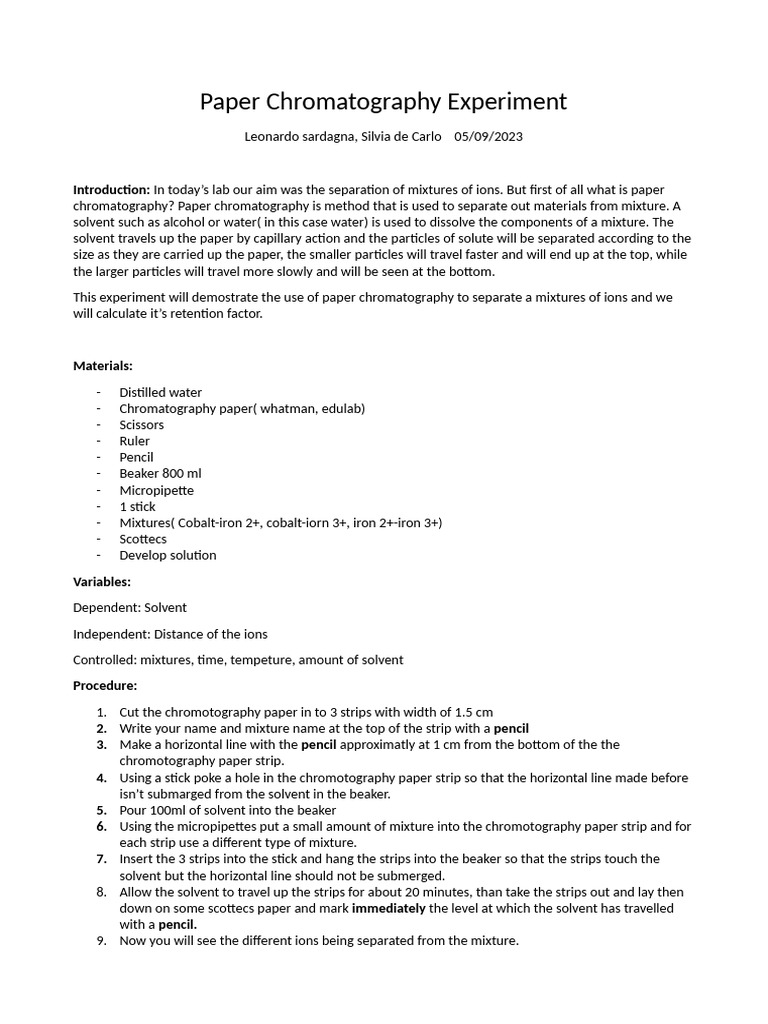 Paper Chromatography Experiment | PDF | Chromatography | Mixture