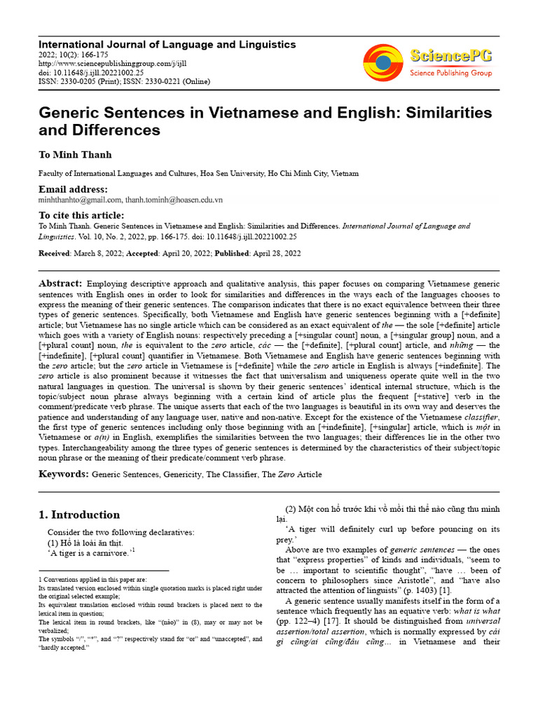 Generic Sentences in Vietnamese and English Similarities and ...