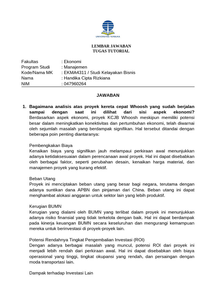 Analisis Ekonomi Proyek Kereta Whoosh | PDF