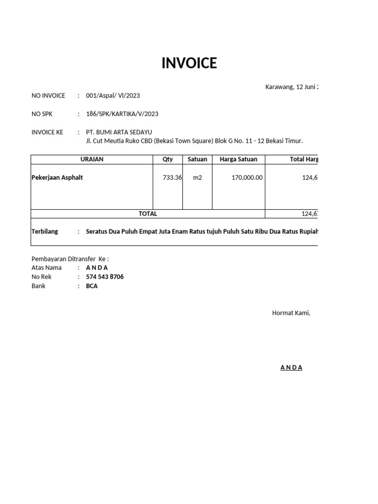 Invoice Pekerjaan Asphalt PT. Bumi Arta | PDF