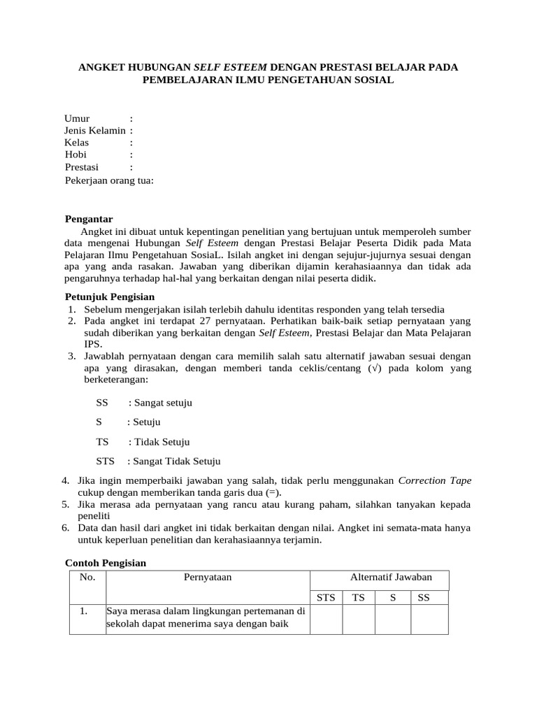Angket 1 Self Esteem Dengan Prestasi Belajar | PDF