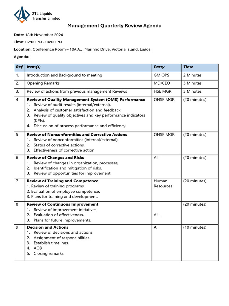 Quarterly Management Review Meeting Agenda - Q3 2024 | PDF