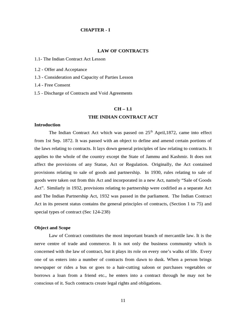 CHAPTER -I LAW OF CONTRACT | PDF | Consideration | Offer And Acceptance
