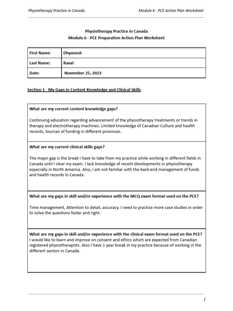 Module 6 - PCE Preparation Action Plan Worksheet | PDF | Physical Therapy