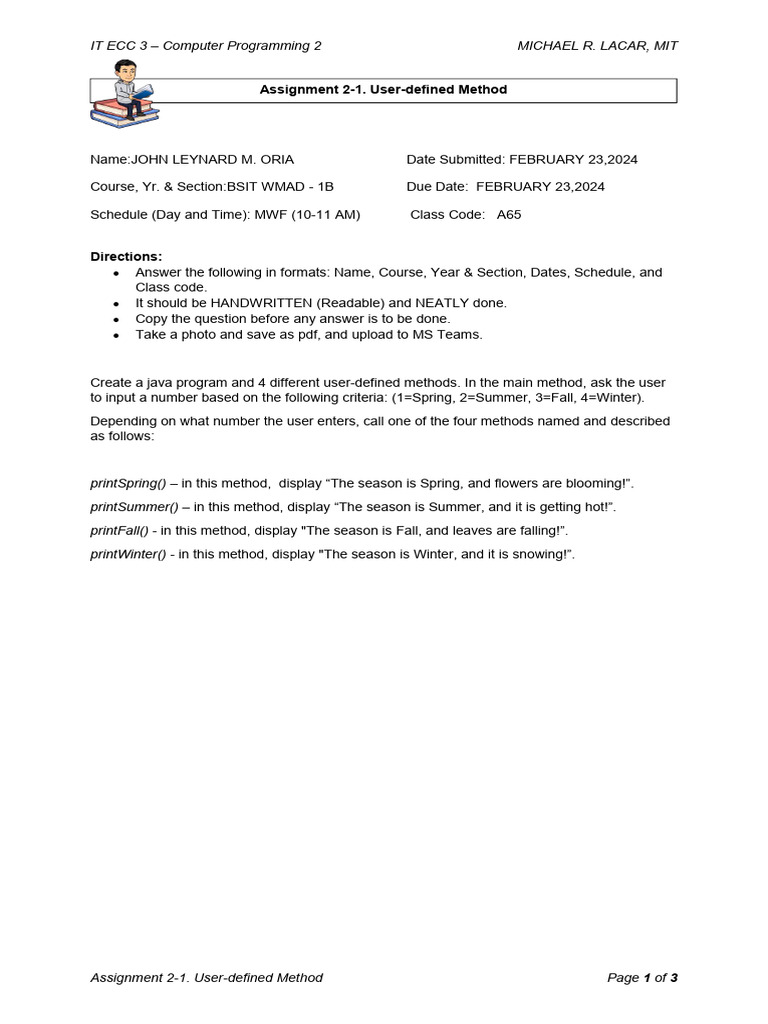 Assignment 2-1 User-Defined Method | PDF Assignment 2-1 User-Defined Method | PDF