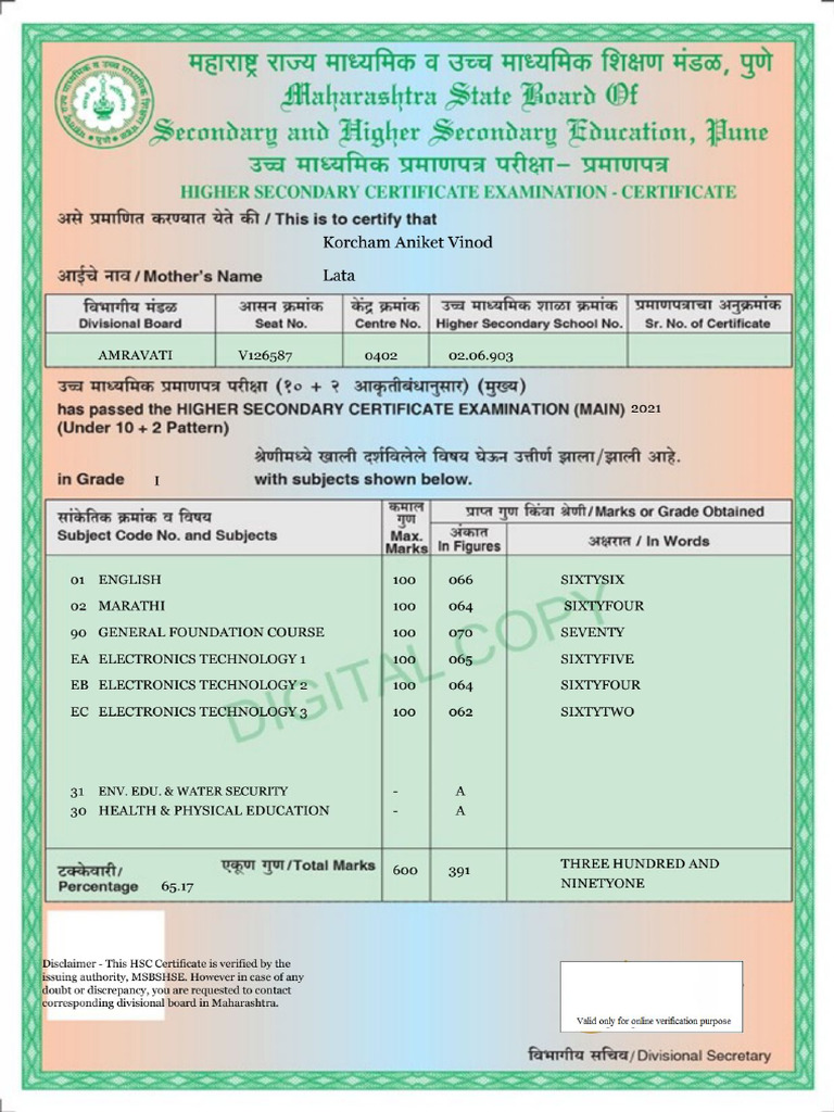12th Marks Sheet | PDF