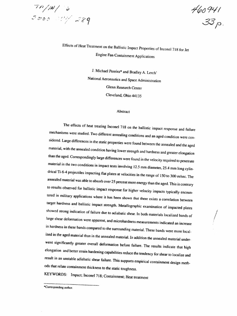 Effects of Heat Treatment On The BaIIistic Lmpact Properties of Lnconel ...