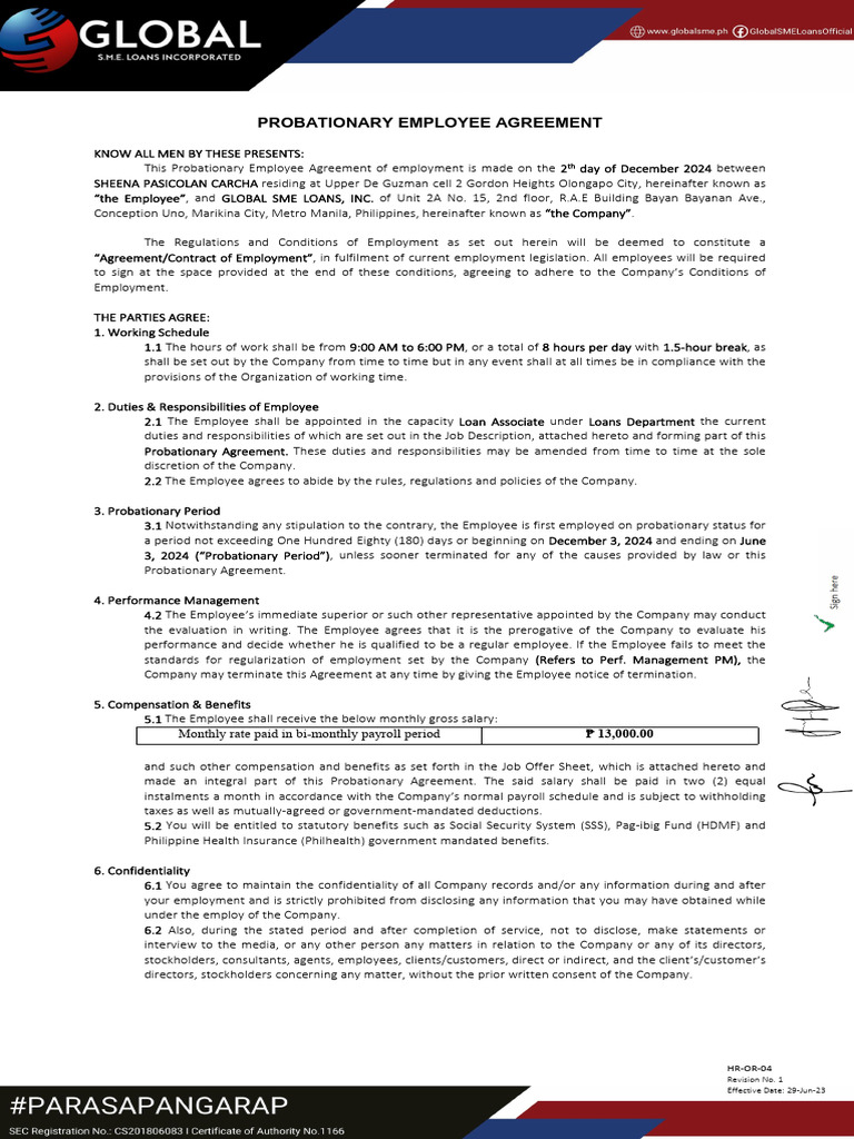 HR or 04 Probationary Employee Agreement Carcha, Sheena P - 6ebfd0c5 ...