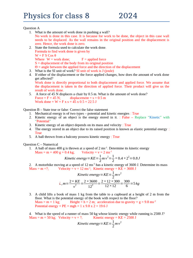 Class 8 Physics: Work and Energy Concepts | PDF | Force | Kinetic Energy