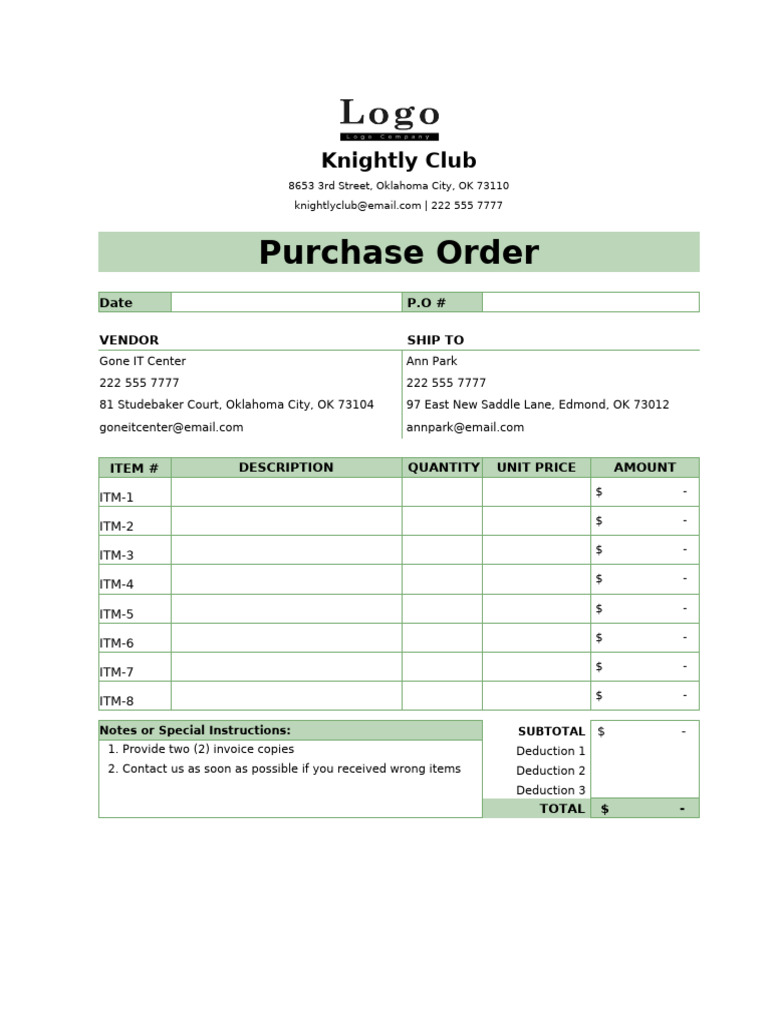 Advance Purchase Order Template | PDF